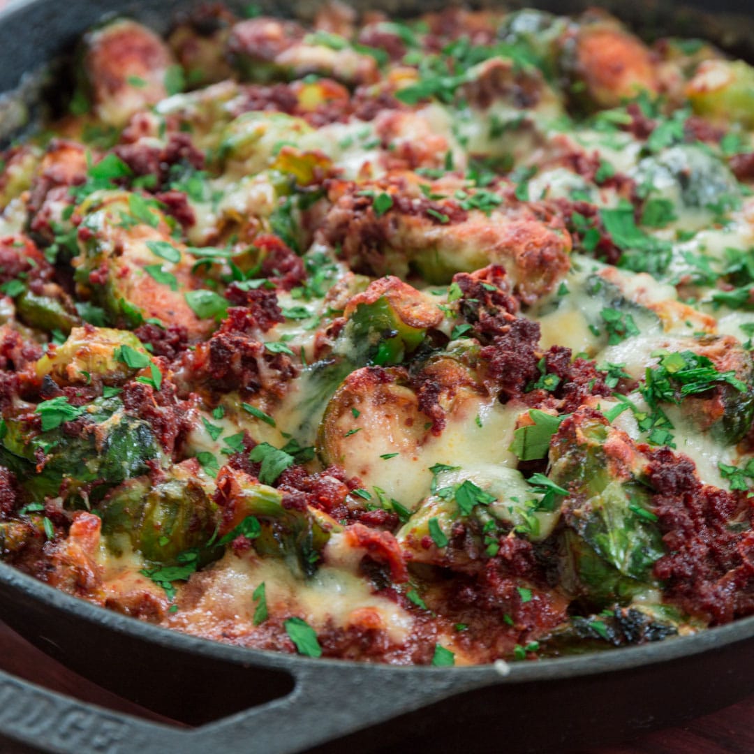 Cheesy Brussels Sprouts with Chorizo - Olivia's Cuisine