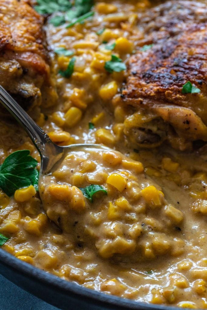 Chicken Thighs with Creamed Corn - Olivia's Cuisine